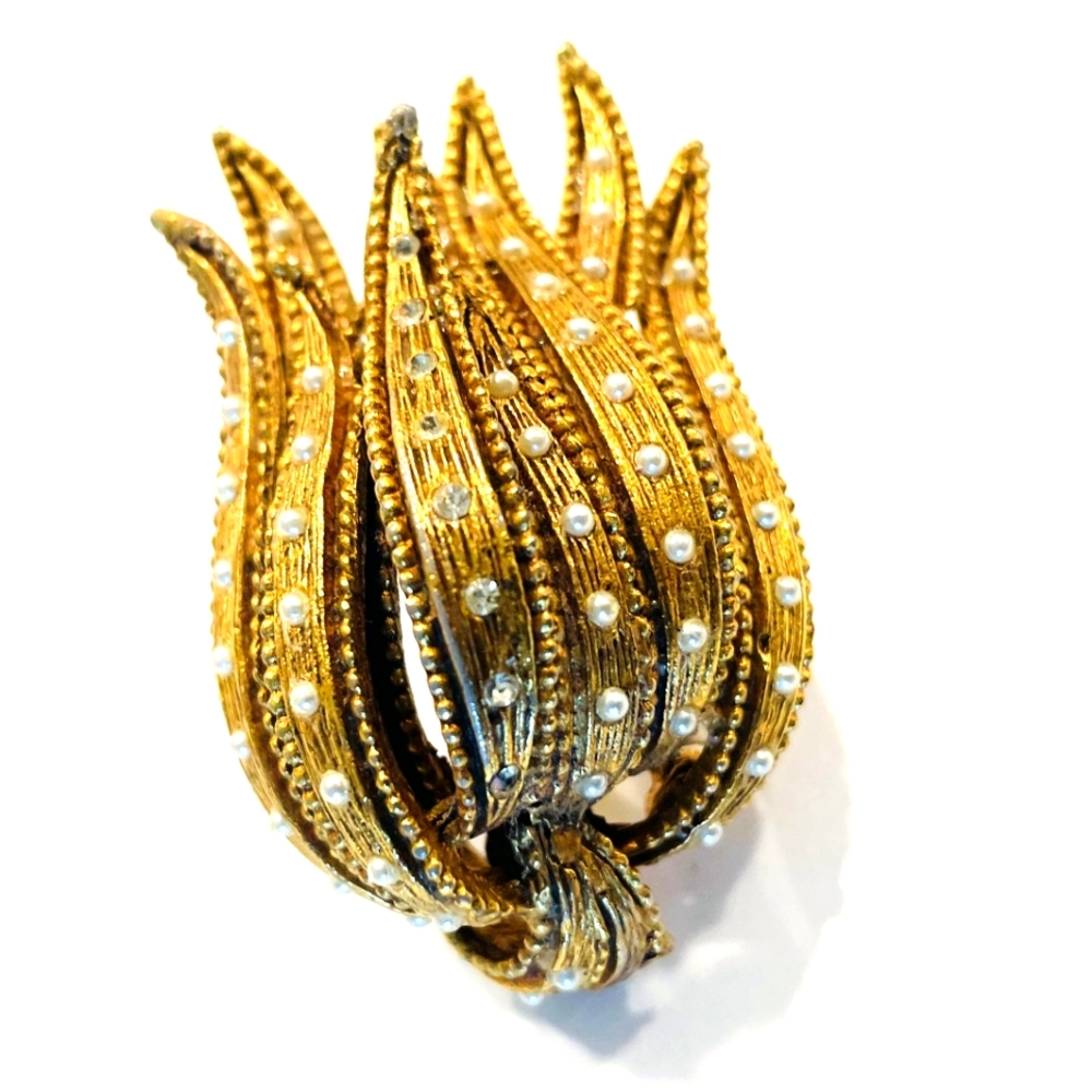 Mid Century Modern Golden Tulip Brooch Embellished Di… - Gem
